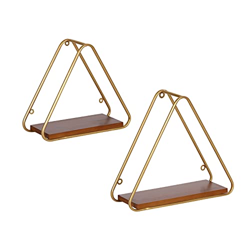 Kate and Laurel Tilde Midcentury Triangle Wall Shelves, Set of 2, 12 x 4 x 10.5, Walnut and Gold, Decorative and Functional Modern Floating Wood Shelves with Geometric Design