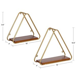 Kate and Laurel Tilde Midcentury Triangle Wall Shelves, Set of 2, 12 x 4 x 10.5, Walnut and Gold, Decorative and Functional Modern Floating Wood Shelves with Geometric Design