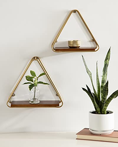 Kate and Laurel Tilde Midcentury Triangle Wall Shelves, Set of 2, 12 x 4 x 10.5, Walnut and Gold, Decorative and Functional Modern Floating Wood Shelves with Geometric Design