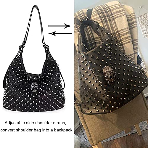 Downupdown Studded Handbags Women Skull Tote Bag Vegan Leather Punk Shoulder Bags Rivet Backpack Purse Bucket Bag Satchel Style Handbags