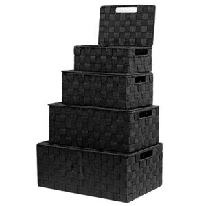 vk living storage baskets woven basket bin container tote cube organizer set stackable storage basket woven strap shelf organizer built-in carry handles (lid bins – 4 pack, black)