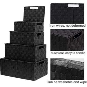 VK Living Storage Baskets Woven Basket Bin Container Tote Cube Organizer Set Stackable Storage Basket Woven Strap Shelf Organizer Built-In Carry Handles (Lid Bins - 4 Pack, Black)