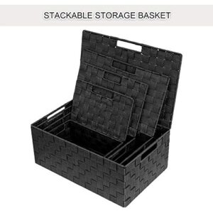 VK Living Storage Baskets Woven Basket Bin Container Tote Cube Organizer Set Stackable Storage Basket Woven Strap Shelf Organizer Built-In Carry Handles (Lid Bins - 4 Pack, Black)