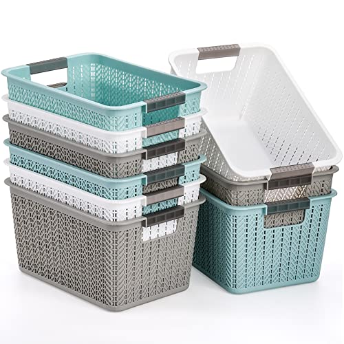 Lawei 9 Pack Plastic Storage Baskets, 10.5 x 7.1 x 5.5 Inch Weave Storage Bins with Handle, Plastic Shelf Organizer Basket for Home Cabinet, Pantry Storage Bins for Toys, Classroom