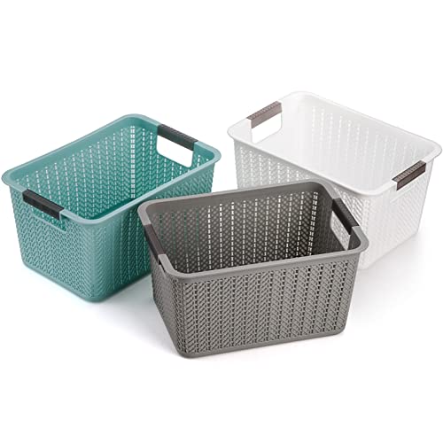 Lawei 9 Pack Plastic Storage Baskets, 10.5 x 7.1 x 5.5 Inch Weave Storage Bins with Handle, Plastic Shelf Organizer Basket for Home Cabinet, Pantry Storage Bins for Toys, Classroom