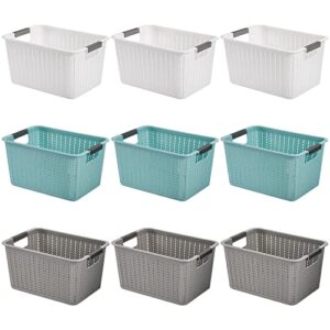 Lawei 9 Pack Plastic Storage Baskets, 10.5 x 7.1 x 5.5 Inch Weave Storage Bins with Handle, Plastic Shelf Organizer Basket for Home Cabinet, Pantry Storage Bins for Toys, Classroom