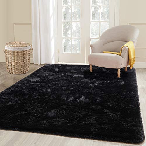 ECOBER Premium Fluffy Area Rug for Bedroom Living Room Plush Soft Decorative Carpet, Extra Comfy Fuzzy Rugs for Girls Room Kids Cute Carpets, 4x6 Feet Black