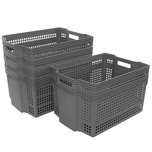 Rinboat 17 L Plastic Stacking Storage Baskets, Grey Stackable Storage Bin, 6-Pack