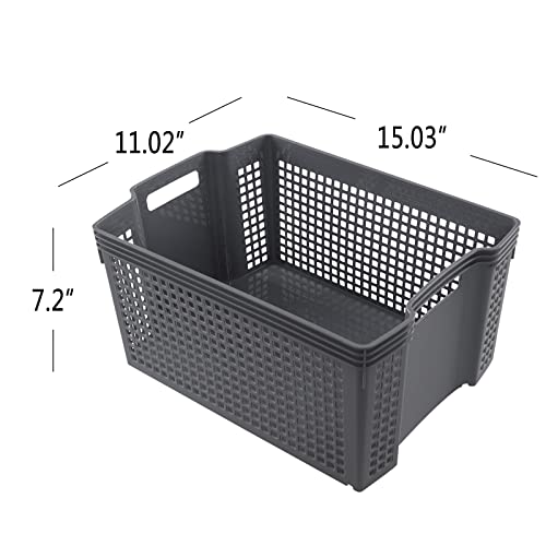 Rinboat 17 L Plastic Stacking Storage Baskets, Grey Stackable Storage Bin, 6-Pack