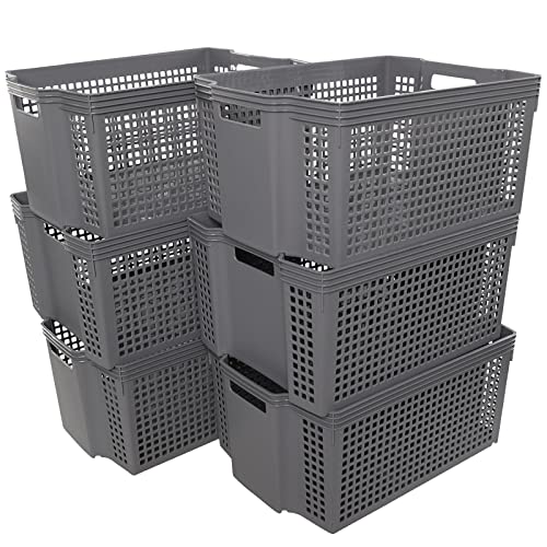 Rinboat 17 L Plastic Stacking Storage Baskets, Grey Stackable Storage Bin, 6-Pack