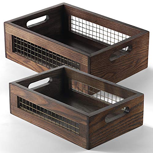 NAGAWOOD Wooden Countertop Baskets Set of 2 for Kitchen, Bathroom, Pantry|Wall Mount Upgrade with Full Accessories| Rustic Nesting Boxes|Wooden Organizer Crates for Fruit, Vegetables, Produce, Bread