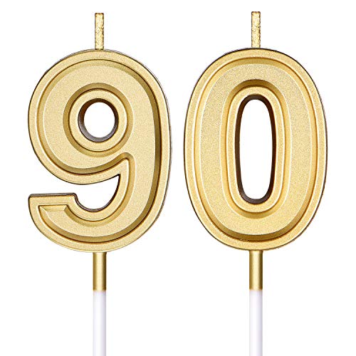 90th Birthday Candles Cake Numeral Candles Happy Birthday Cake Candles Topper Decoration for Birthday Wedding Anniversary Celebration Supplies (Gold)