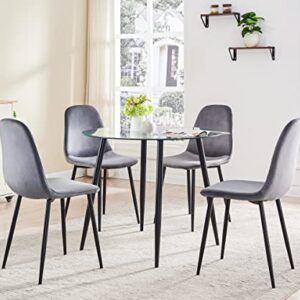 STYLIFING Dining Table Set for 4 Modern 5 Pieces Dining Room Set Mid Century Round Tempered Glass Kitchen Table and 4 Deep Grey Modern Velvet Fabric Upholstered Kitchen Chair with Metal Legs