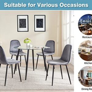 STYLIFING Dining Table Set for 4 Modern 5 Pieces Dining Room Set Mid Century Round Tempered Glass Kitchen Table and 4 Deep Grey Modern Velvet Fabric Upholstered Kitchen Chair with Metal Legs