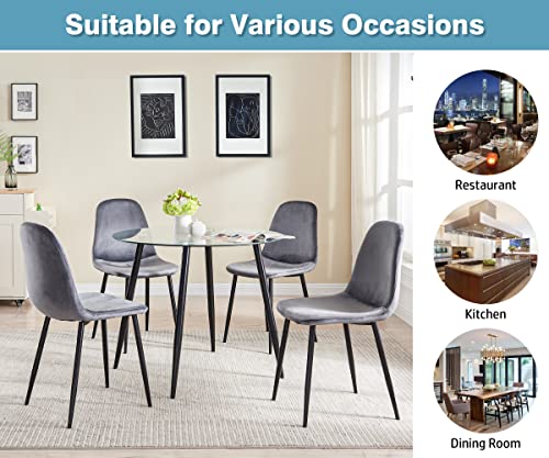 STYLIFING Dining Table Set for 4 Modern 5 Pieces Dining Room Set Mid Century Round Tempered Glass Kitchen Table and 4 Deep Grey Modern Velvet Fabric Upholstered Kitchen Chair with Metal Legs