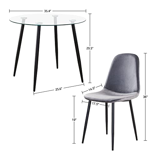 STYLIFING Dining Table Set for 4 Modern 5 Pieces Dining Room Set Mid Century Round Tempered Glass Kitchen Table and 4 Deep Grey Modern Velvet Fabric Upholstered Kitchen Chair with Metal Legs