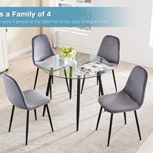 STYLIFING Dining Table Set for 4 Modern 5 Pieces Dining Room Set Mid Century Round Tempered Glass Kitchen Table and 4 Deep Grey Modern Velvet Fabric Upholstered Kitchen Chair with Metal Legs