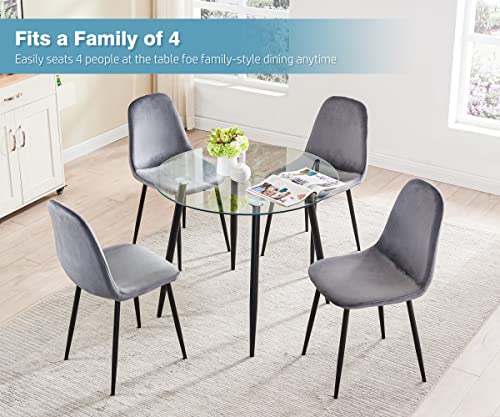 STYLIFING Dining Table Set for 4 Modern 5 Pieces Dining Room Set Mid Century Round Tempered Glass Kitchen Table and 4 Deep Grey Modern Velvet Fabric Upholstered Kitchen Chair with Metal Legs