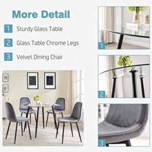 STYLIFING Dining Table Set for 4 Modern 5 Pieces Dining Room Set Mid Century Round Tempered Glass Kitchen Table and 4 Deep Grey Modern Velvet Fabric Upholstered Kitchen Chair with Metal Legs