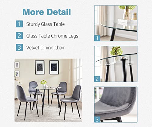 STYLIFING Dining Table Set for 4 Modern 5 Pieces Dining Room Set Mid Century Round Tempered Glass Kitchen Table and 4 Deep Grey Modern Velvet Fabric Upholstered Kitchen Chair with Metal Legs