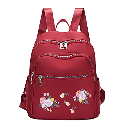 ZEHO Women Cute Mini Nylon Backpack Purse Casual Lightweight Small Daypack for Girls Embroidered Floral Backpack, Red, One Size, (0026-01Z)