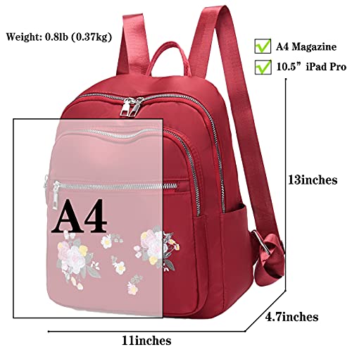 ZEHO Women Cute Mini Nylon Backpack Purse Casual Lightweight Small Daypack for Girls Embroidered Floral Backpack, Red, One Size, (0026-01Z)