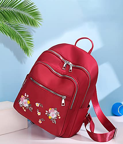 ZEHO Women Cute Mini Nylon Backpack Purse Casual Lightweight Small Daypack for Girls Embroidered Floral Backpack, Red, One Size, (0026-01Z)