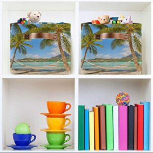 AUUXVA Palm Trees Tropical Beach Sea Storage Basket Large Foldable Storage Organizer Cubes Bins with Leather Handles Sturdy Collapsible Boxes for Shelf Cloth Toy Closet-2 Pack