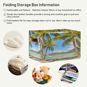 AUUXVA Palm Trees Tropical Beach Sea Storage Basket Large Foldable Storage Organizer Cubes Bins with Leather Handles Sturdy Collapsible Boxes for Shelf Cloth Toy Closet-2 Pack