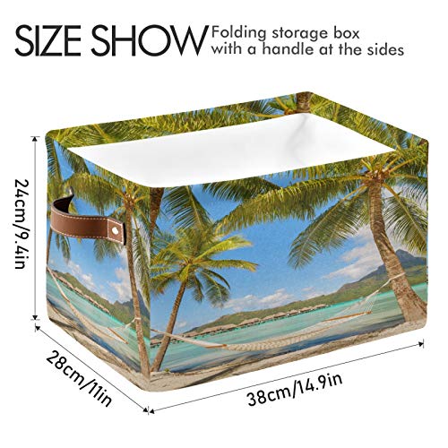 AUUXVA Palm Trees Tropical Beach Sea Storage Basket Large Foldable Storage Organizer Cubes Bins with Leather Handles Sturdy Collapsible Boxes for Shelf Cloth Toy Closet-2 Pack