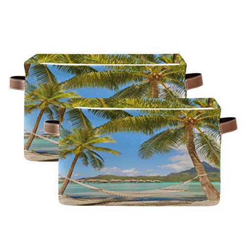 AUUXVA Palm Trees Tropical Beach Sea Storage Basket Large Foldable Storage Organizer Cubes Bins with Leather Handles Sturdy Collapsible Boxes for Shelf Cloth Toy Closet-2 Pack