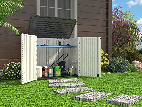 HOMSPARK Horizontal Storage Shed Weather Resistance, Multi-Purpose Outdoor Storage Box for Backyards and Patios, 26 Cubic Feet Capacity for Bike, Lawnmower, Trash Cans, Patio Accessories