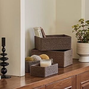 Paper Rope Woven Storage Basket Set of 4 with Fabric Liner, Stackable Multipurpose Organizer Bin, Brown