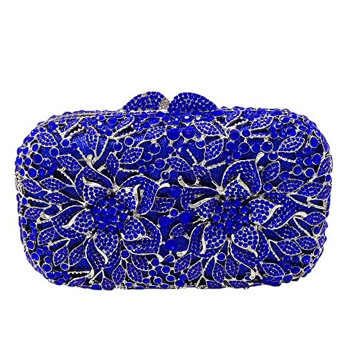 Boutique De FGG Double Flowers Women Crystal Clutch Evening Bags Wedding Party Rhinestones Handbags and Purses (Fit For Iphone 8,Blue)