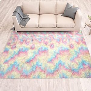 vudeco 5×8 large fluffy rainbow rug colorful rug for kids rug playroom bedroom rugs for girls bedroom area rug living room rug rainbow carpet for kids girls room fuzzy rug large fur pink rug bedroom