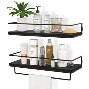 zgo floating shelves for wall set of 2, wall mounted storage shelves with black metal frame and towel rack for bathroom, bedroom, living room, kitchen, office (black)