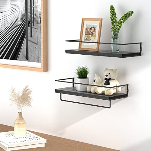 ZGO Floating Shelves for Wall Set of 2, Wall Mounted Storage Shelves with Black Metal Frame and Towel Rack for Bathroom, Bedroom, Living Room, Kitchen, Office (Black)