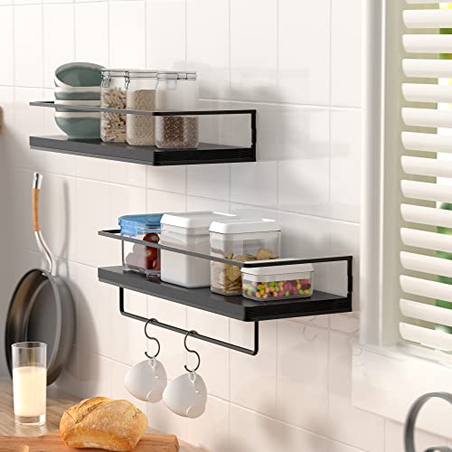 ZGO Floating Shelves for Wall Set of 2, Wall Mounted Storage Shelves with Black Metal Frame and Towel Rack for Bathroom, Bedroom, Living Room, Kitchen, Office (Black)