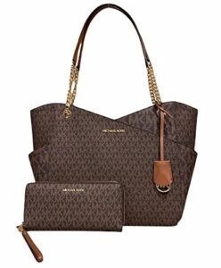 michael kors jet set travel large chain shoulder tote brown mk signature bundled with michael kors jet set travel continental long wallet wristlet brown