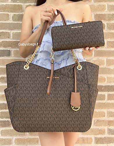 Michael Kors Jet Set Travel Large Chain Shoulder Tote Brown MK Signature Bundled with Michael Kors Jet Set Travel Continental Long Wallet Wristlet Brown