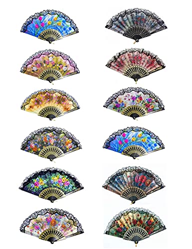 SITAER Spanish Folding Hand Fan,Handheld Fans Summer Vintage Dancing Party Hand Fans for Girls Women (12 PCS, Random Pattern)