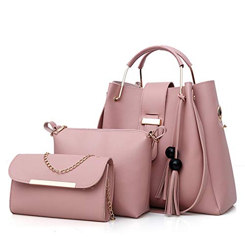 Chikencall Women 3Pcs Set Bucket Bags PU Leather Top Handle Bags Chain Shoulder Bag Satchels Working Shoper Handbag Purses Pink