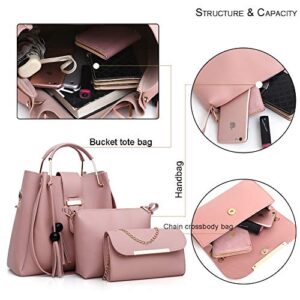 Chikencall Women 3Pcs Set Bucket Bags PU Leather Top Handle Bags Chain Shoulder Bag Satchels Working Shoper Handbag Purses Pink