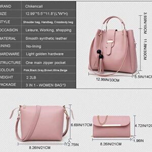 Chikencall Women 3Pcs Set Bucket Bags PU Leather Top Handle Bags Chain Shoulder Bag Satchels Working Shoper Handbag Purses Pink