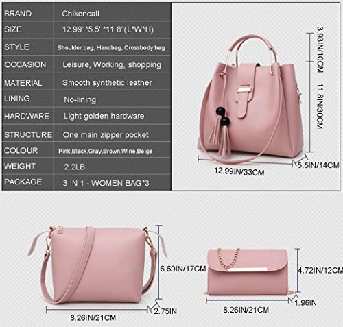 Chikencall Women 3Pcs Set Bucket Bags PU Leather Top Handle Bags Chain Shoulder Bag Satchels Working Shoper Handbag Purses Pink