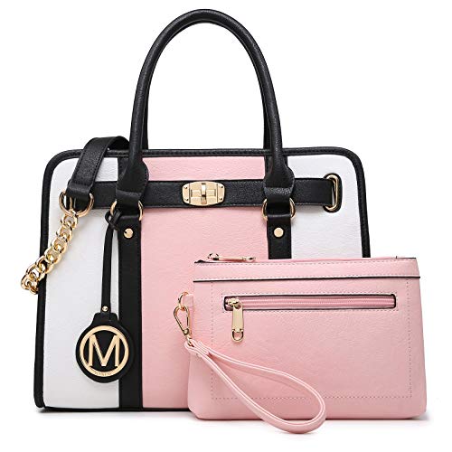 Women Purse and Wallet Set Top Handle Satchel Large Shoulder Tote Bags Fashion Leather Two Tone 2pcs (Pink/White)