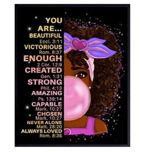 black african american girl wall art & decor – black art – positive affirmations – christian bible verses – inspirational positive quotes – pink little girls bedroom decor – toddler girls bedroom