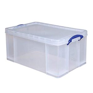 really useful clear transparent plastic storage box, 64 liters features attached handles make it easy to carry box of 2