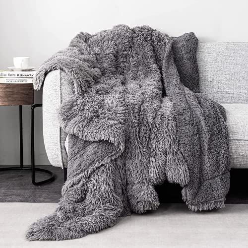 Pawque Faux Fur Blankets Queen Size 60x80 inches, Super Soft Fuzzy Fluffy Blanket, Warm Thick Sherpa Long Hair Shag Reversible Lightweight Cozy Throw for Bedroom Sofa Couch, Grey