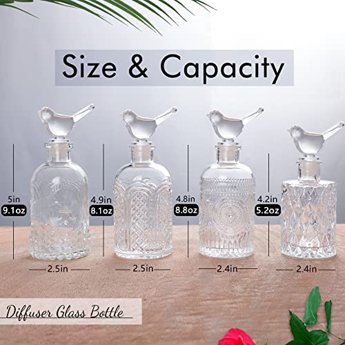 Gift Set-Diffuser Glass Bottles Decorative Bottles Vases Set of 4 Empty Clear DIY Fragrance Reed Diffuser Storage Bottle with Reeds Sticks for Home Office Desk Decoration Wedding Valentine Girl Women